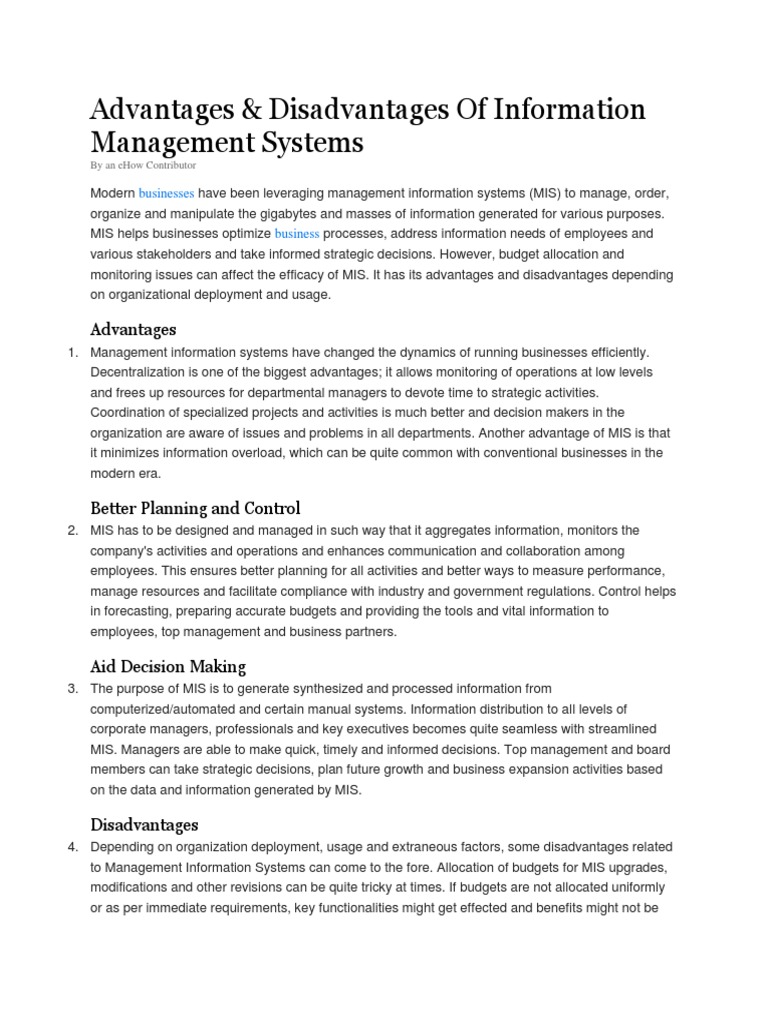 Advantages & Disadvantages of Information Management Systems | PDF