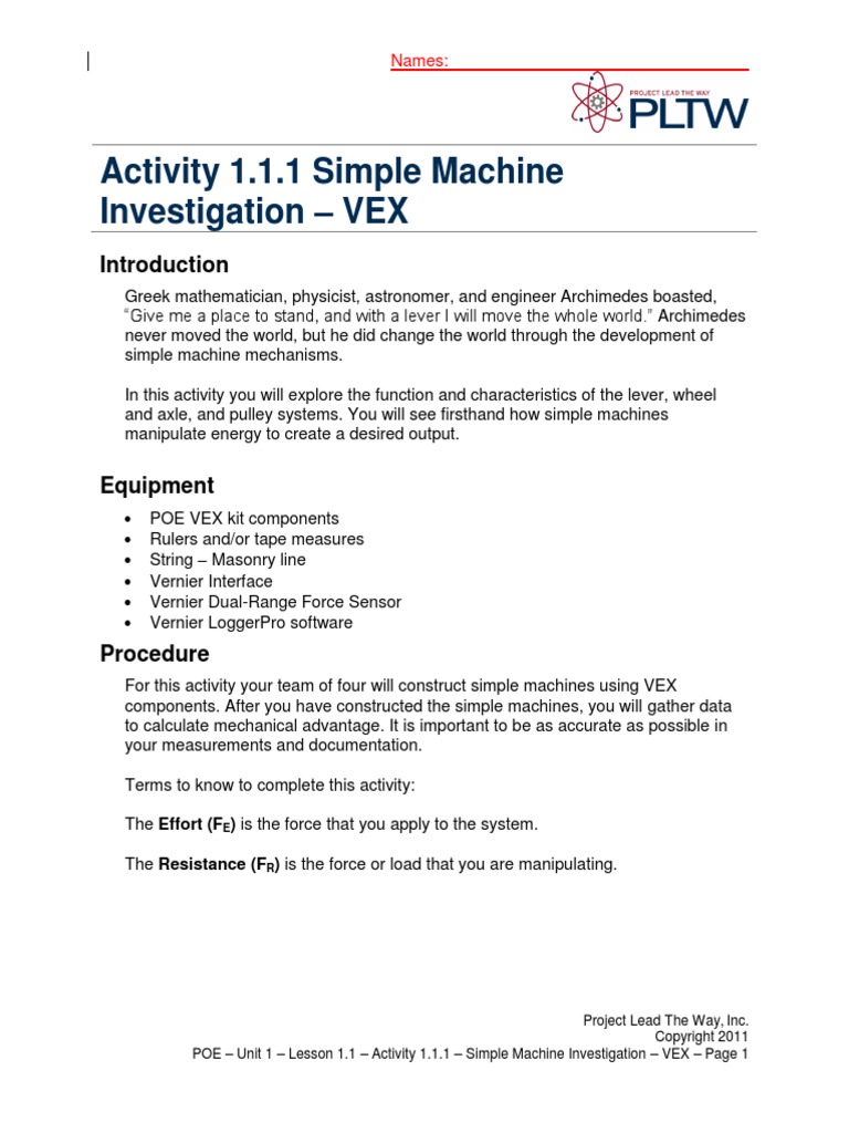 Activity 1.1.1 Simple Machine Investigation - Vex: Names | PDF ...