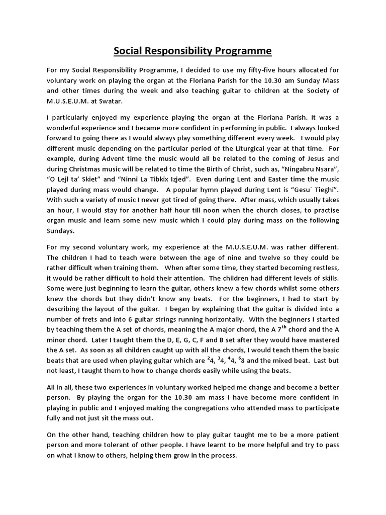 'Voluntary Work Essay - Social Responsibility Programme | PDF | Guitars ...
