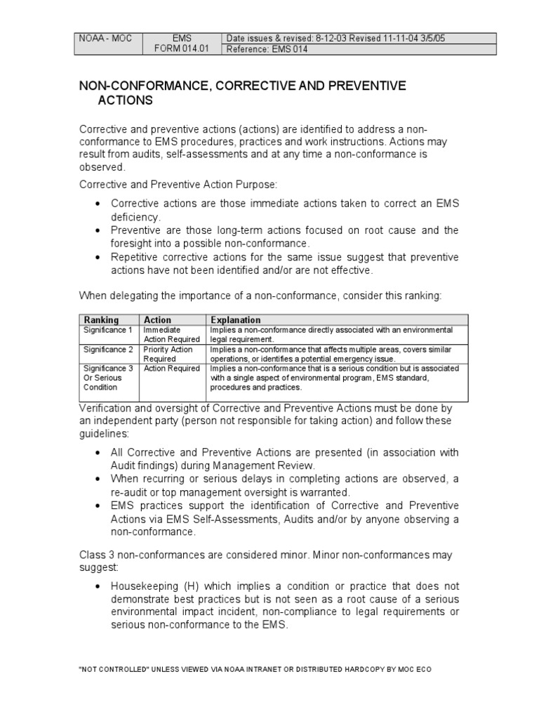 014.01 Non-Conformance Corrective and Prev Action 2 | PDF | Audit | Business