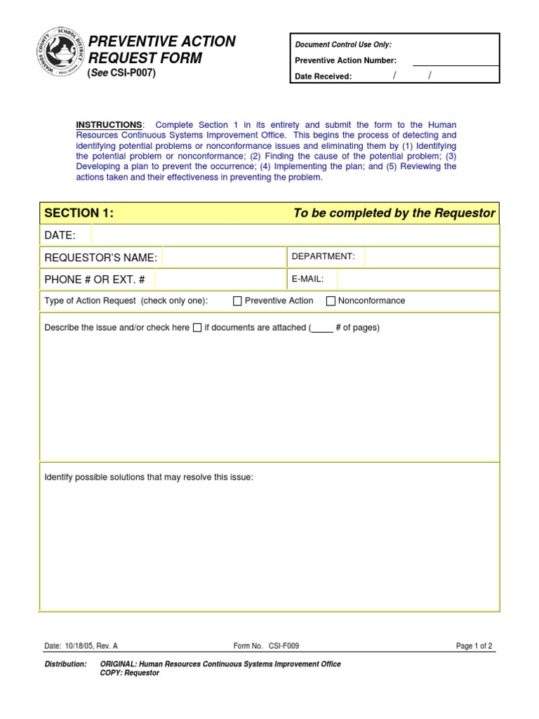 Preventive Action Request Form: Section 1 | PDF | Business | Finance & Money Management