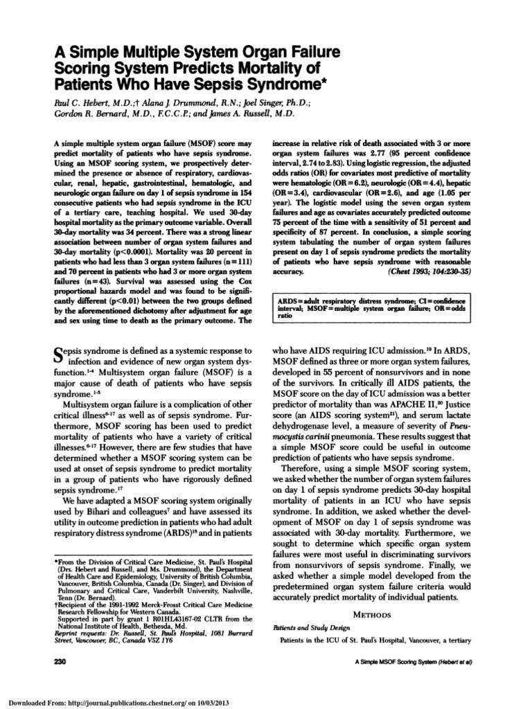 A Simple Multiple System Organ Failure Scoring System Predicts ...