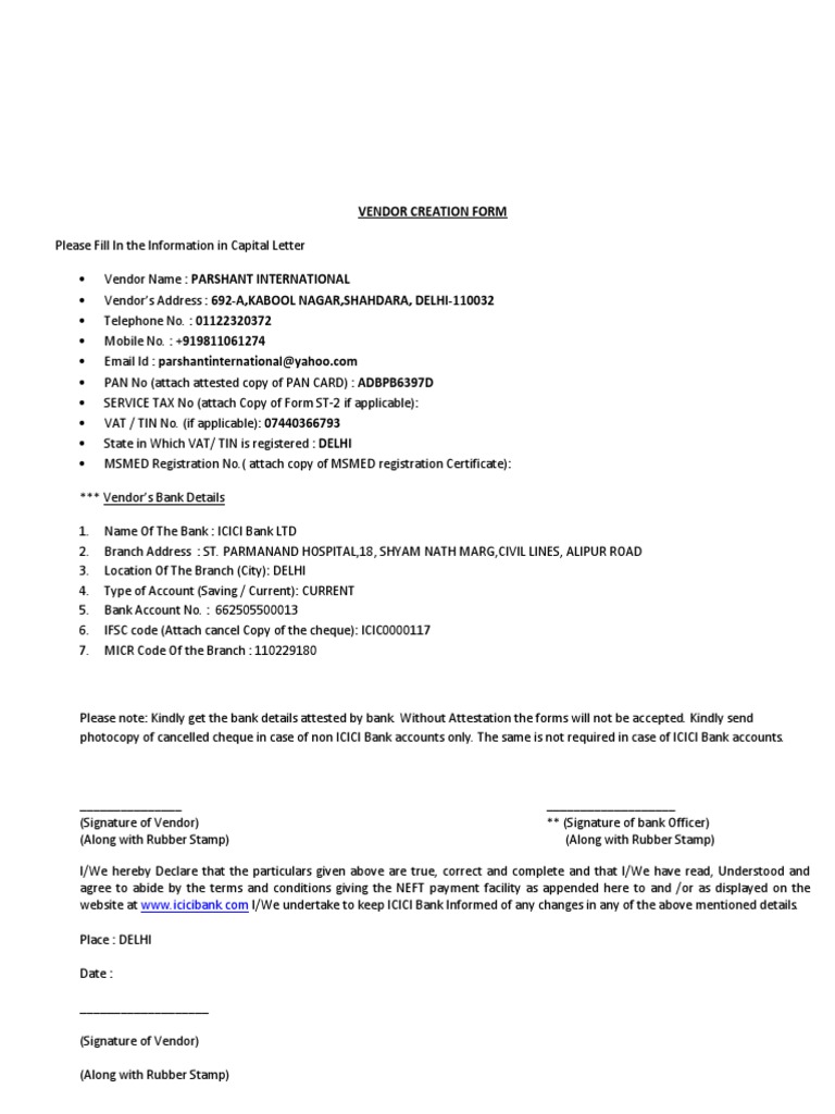 Vendor Creation Form | PDF