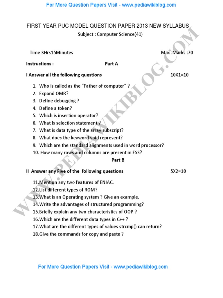 First Year Puc Model Question Paper 2013 New Syllabus: Instructions ...