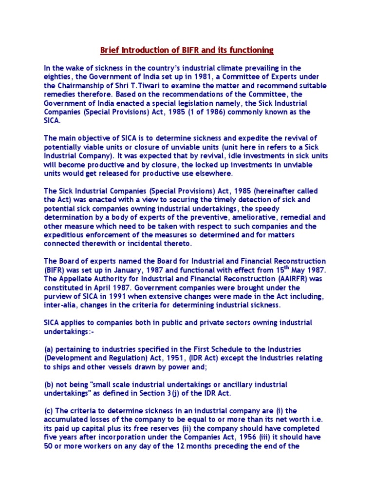 Brief Introduction of BIFR and Its Functioning PDF | PDF | Economies ...