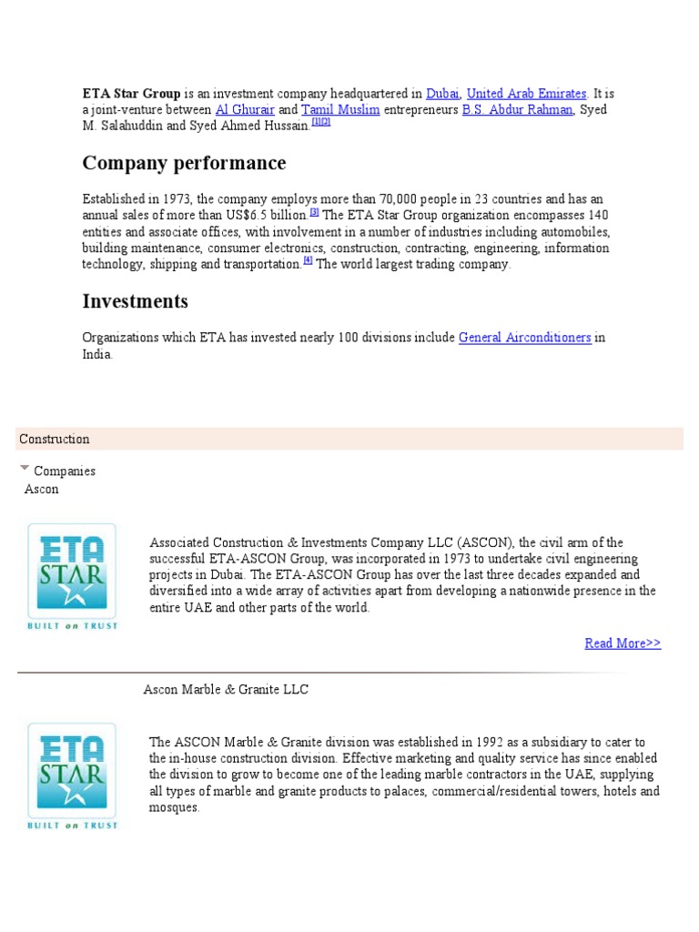 ETA Star Group | PDF | United Arab Emirates | Dubai