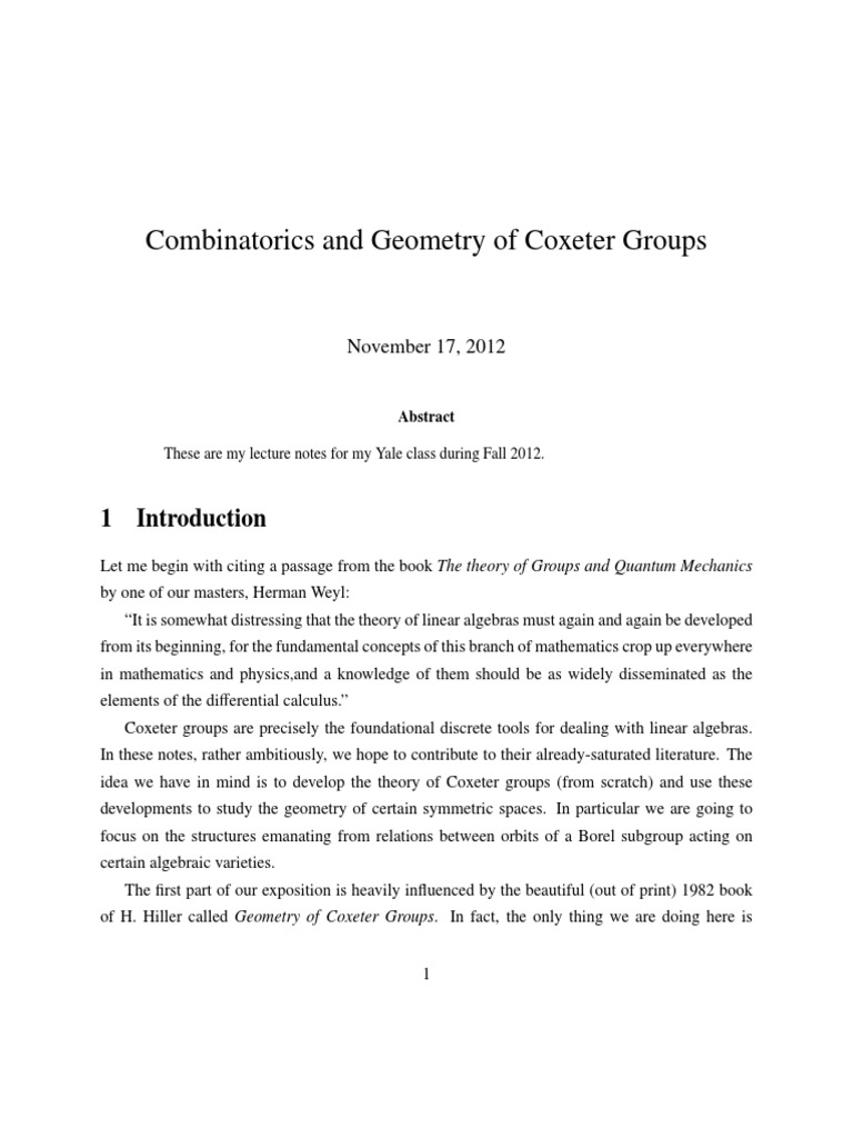 Combinatorics and Geometry of Coxeter Groups: An Introduction to Coxeter Groups and their ...
