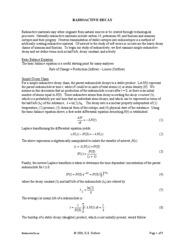 Radioactive Decay: © 2006, K.E. Holbert Page 1 of 9 | PDF | Radioactive ...
