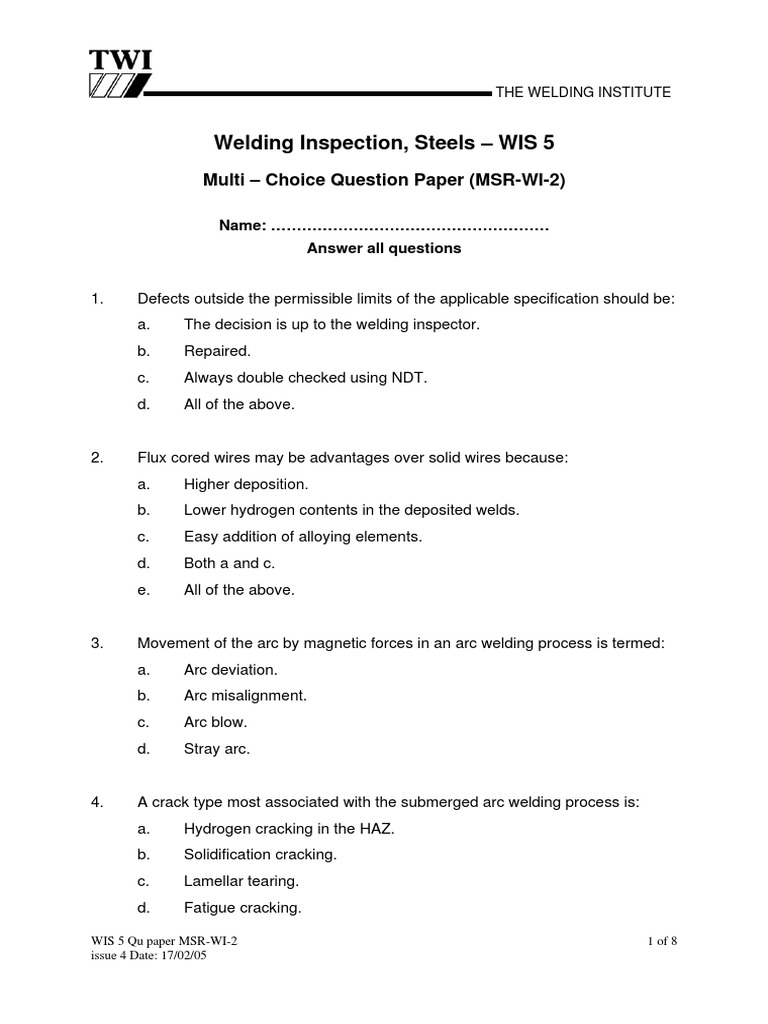 Welding Inspection, Steels - WIS 5: Multi - Choice Question Paper (MSR ...