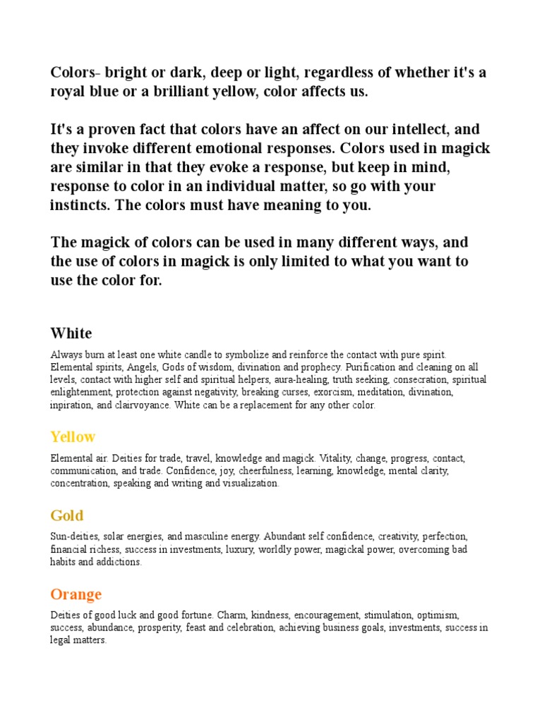 Wiccan Color and Elemental Correspondences for Magic and Spells | PDF ...
