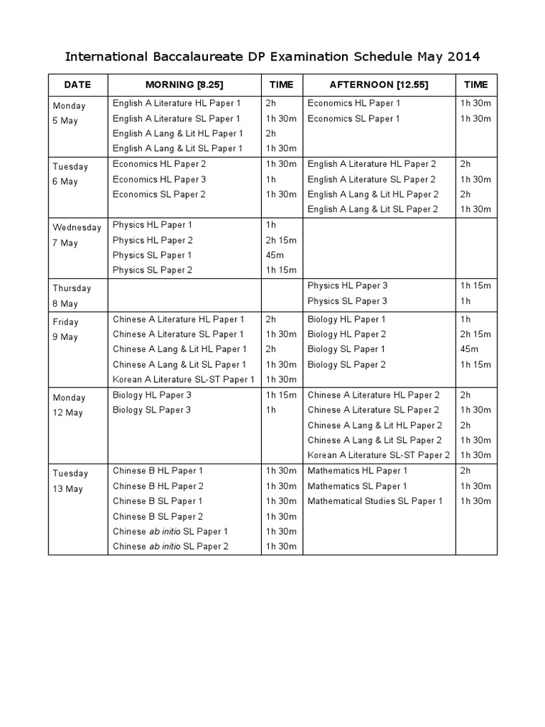M2014 IBDP Examination Schedule ALL PDF | PDF