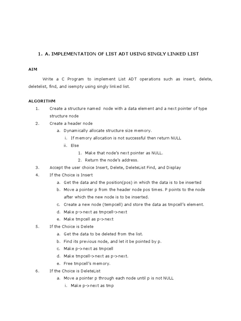 A Implementation Of List Adt Using Singly Linked List Pdf Queue