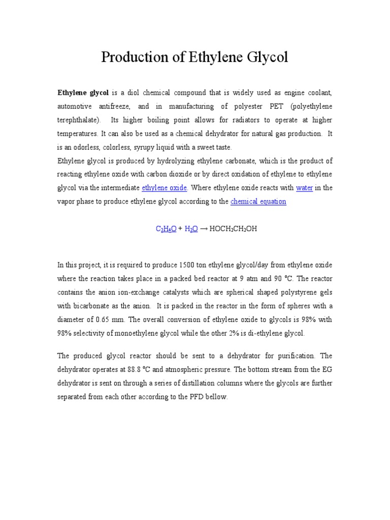 Production of Ethylene Glycol | PDF | Ethylene | Chemical Process ...