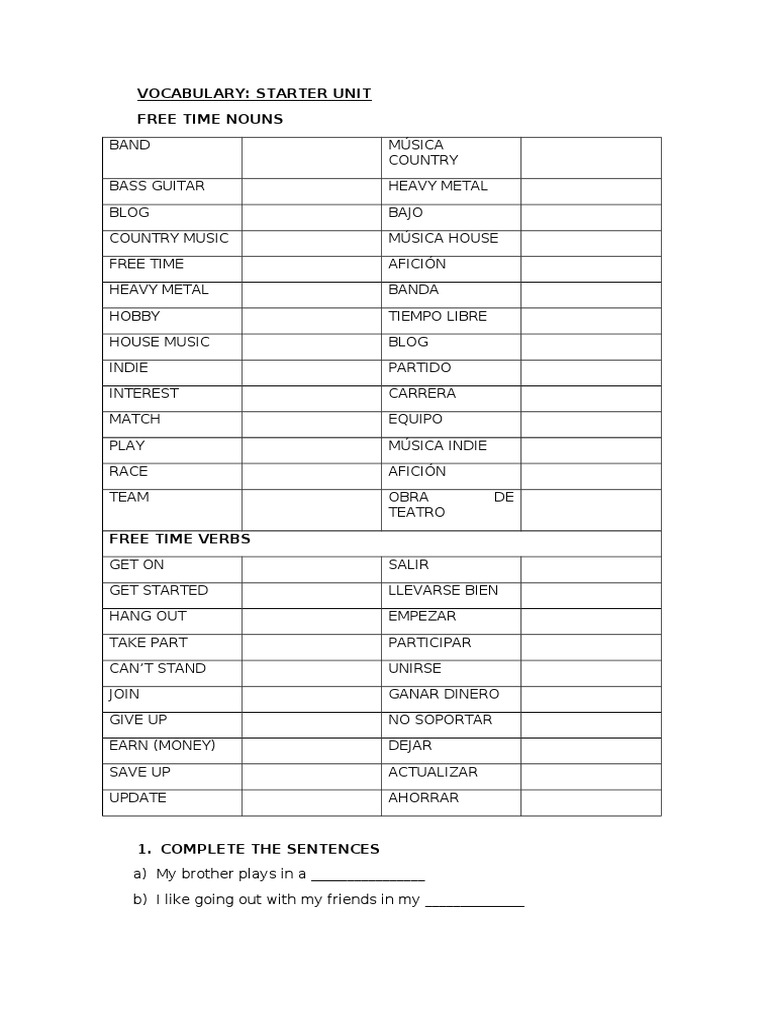 Free Time Vocabulary Starter Unit | PDF | Poetry