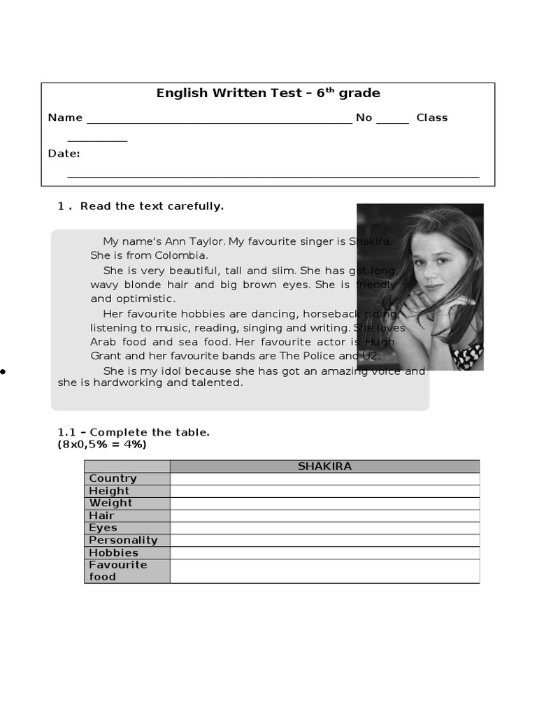 English Written Test - 6 Grade | Descargar gratis PDF | Entertainment ...