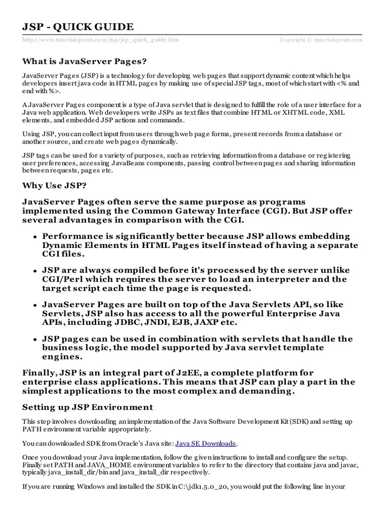 JSP - Quick Guide: Java SE Downloads | PDF | Java Server Pages | Java Servlet