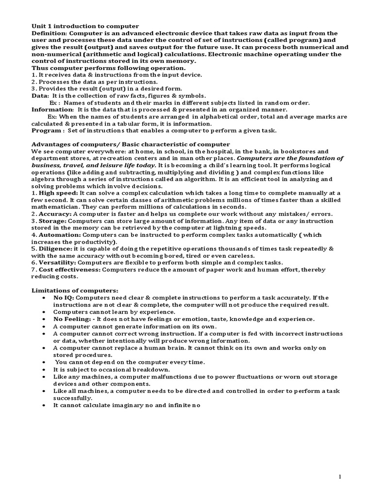 Unit 1 Introduction To Computer | PDF | Random Access Memory | Computer ...