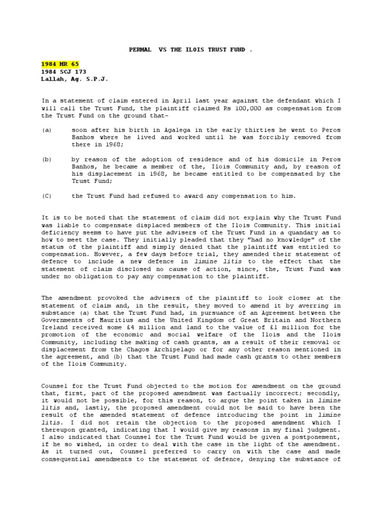 Permal vs Ilois Trust Fund Case Analysis | PDF | Standing (Law) | Mauritius