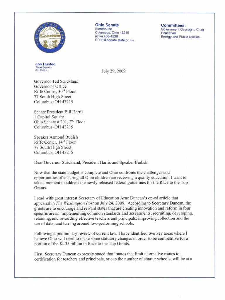 Jon Husted Letter - Ohio Race To The Top Grants | PDF | Race To The Top ...