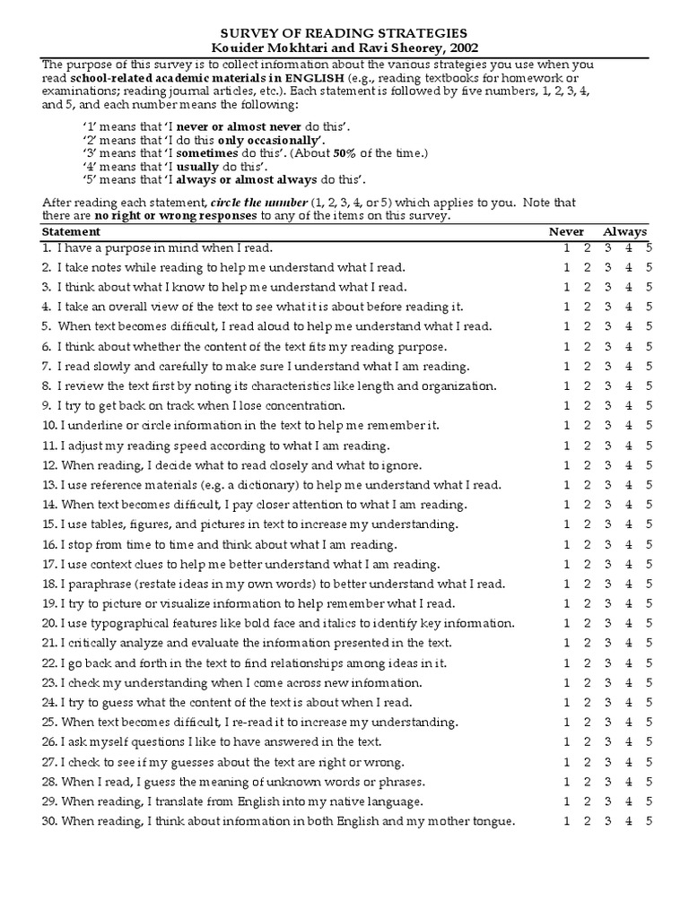 SORS 2002 Survey of Reading Strategies PDF | PDF | Information ...
