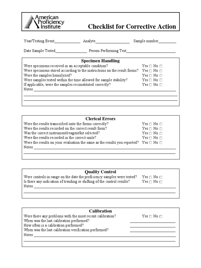 Checklist For Corrective Action: Specimen Handling | PDF | Calibration ...