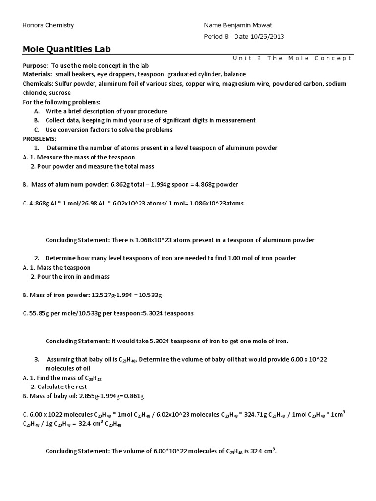 1314lab - Mole Quantities Lab-1 | PDF | Science & Mathematics