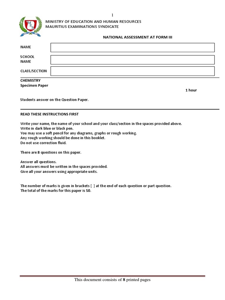 Specimen Paper Chemistry 2012 | PDF | Sodium Chloride | Metals