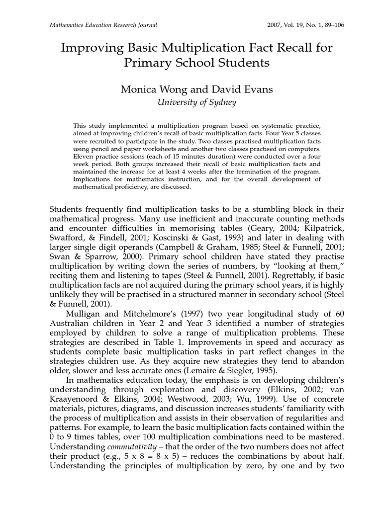 Improving Basic Multiplication Fact Recall For Primary School Students
