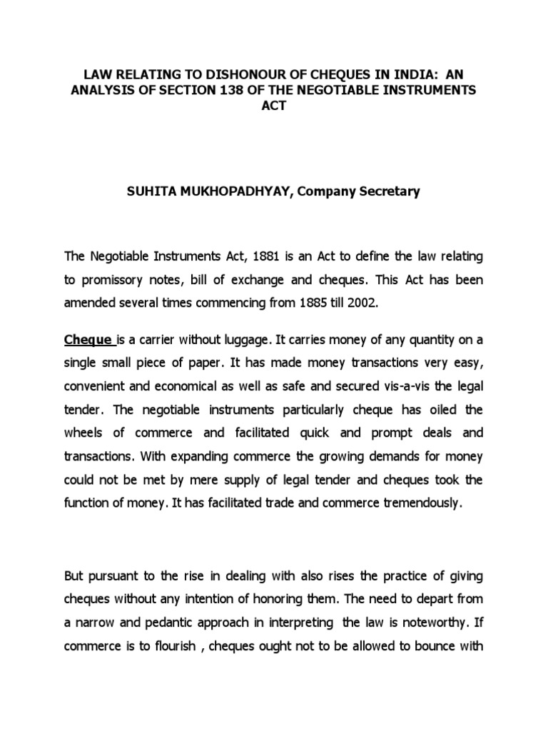 Banking Law - Law Relating To Dishonour of Cheques in India: An ... Banking Law - Law Relating To Dishonour of Cheques in India: An ...
