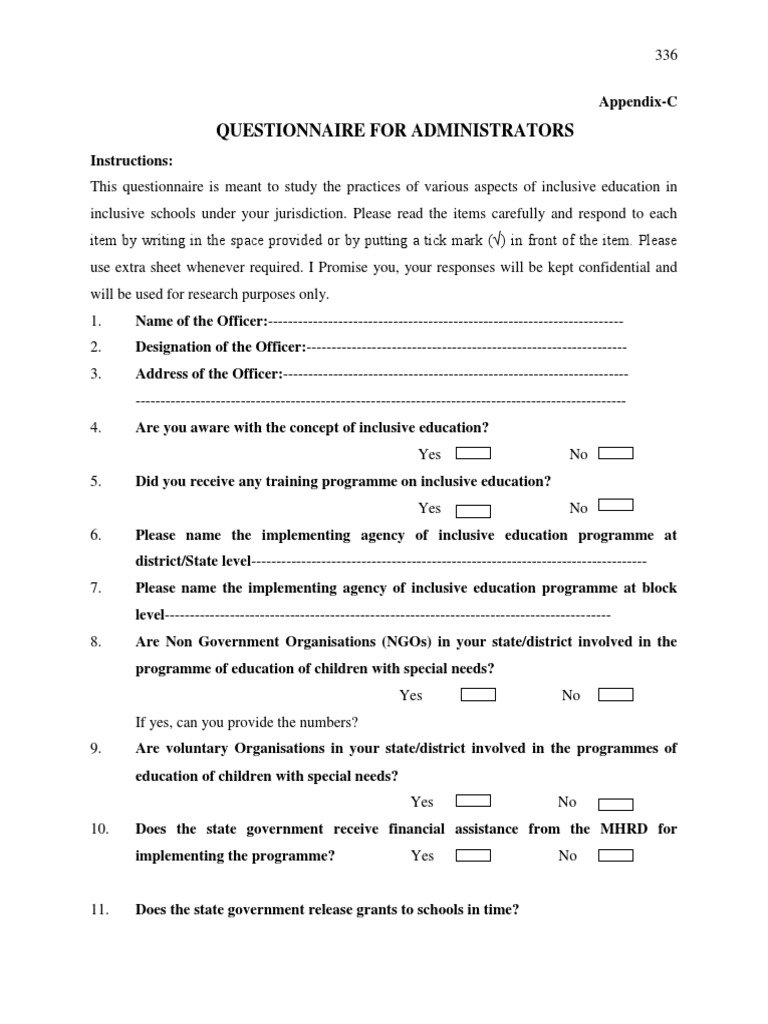 Questionnaire For Administrators | PDF | Inclusion (Education) | Non ...