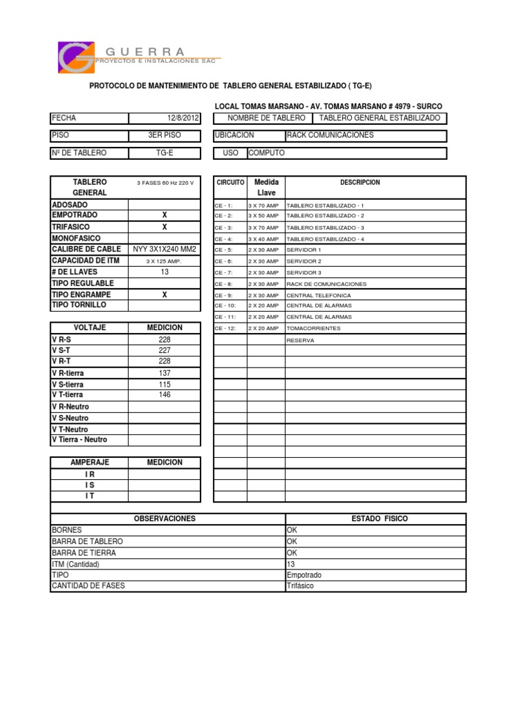 Protocolo Tablero General Estabilizado | PDF