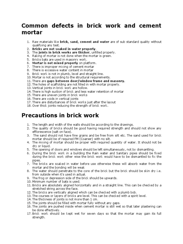 Common Defects in Brick Work and Cement Mortar | PDF | Brick | Mortar ...