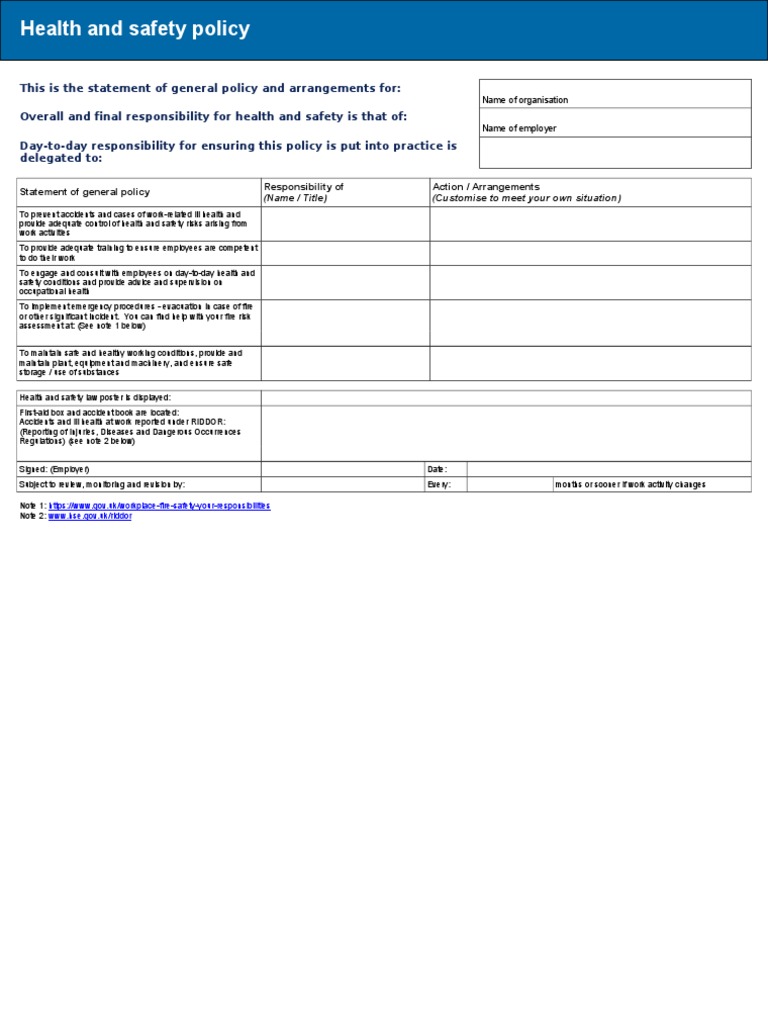 Health and Safety Policy Template | PDF