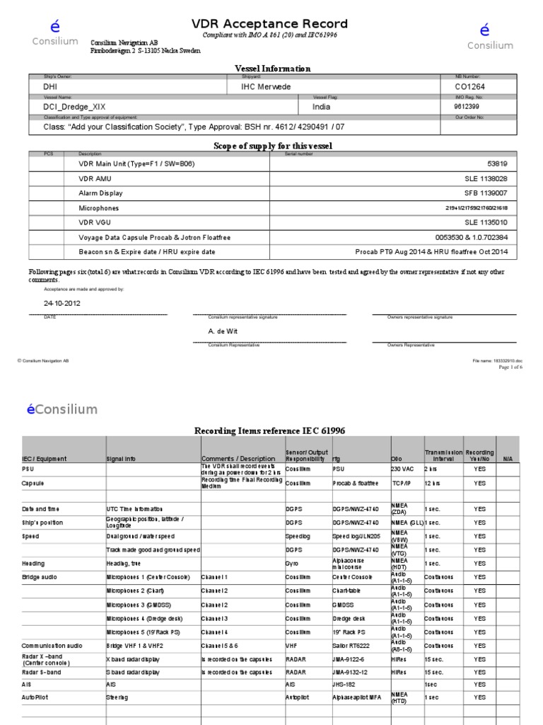 VDR Acceptance Record CO1264 | PDF | Electronics | Computing And ...