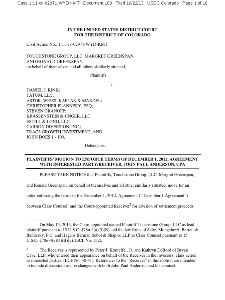 AS FILED Motion To Enforce Agreement PDF | PDF | Settlement (Litigation ...