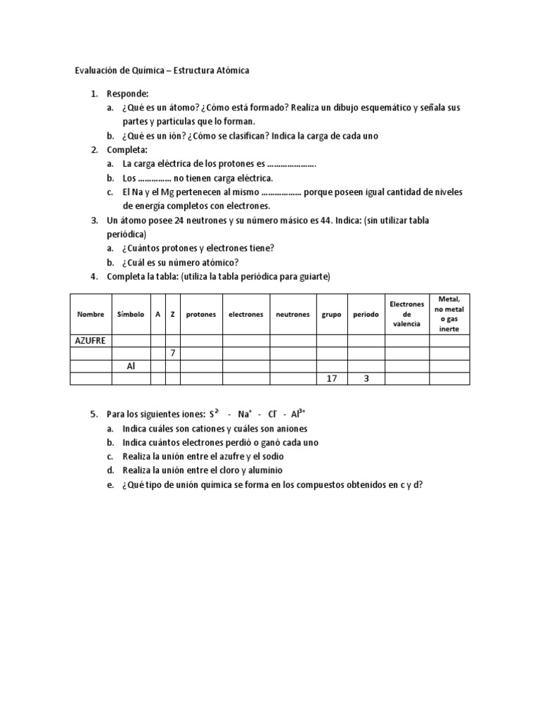 Evaluación de Química Estructura Atómica TP y Uniones Químicas CENS | PDF