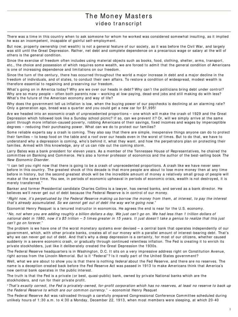 The Money Masters PDF | PDF | Federal Reserve | Money