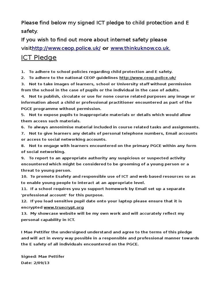ICT Pledge for Child Protection & E-Safety | PDF