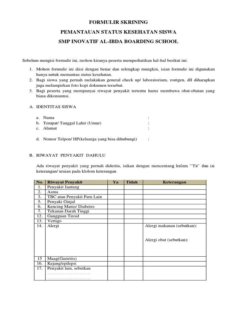 Formulir Skrining Kesehatan Siswa | PDF