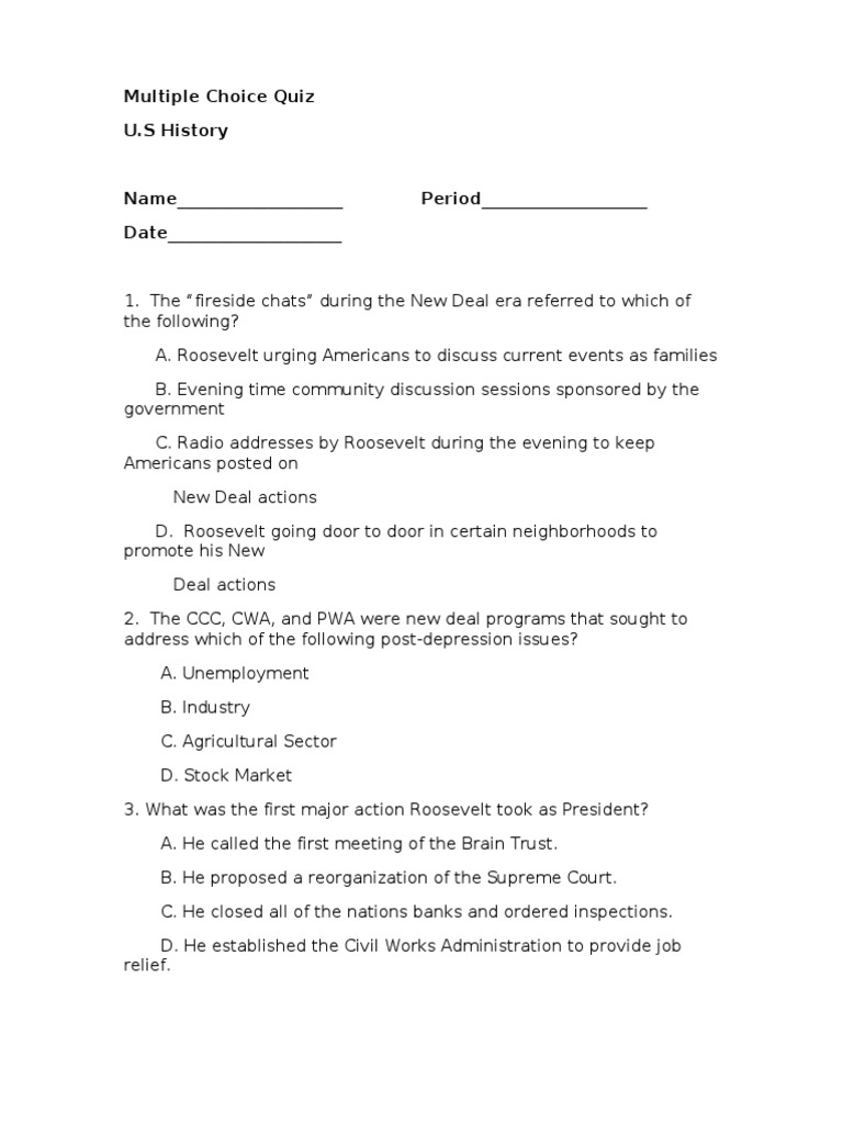 Multiple Choice Quiz Assessment | PDF | New Deal | Franklin D. Roosevelt