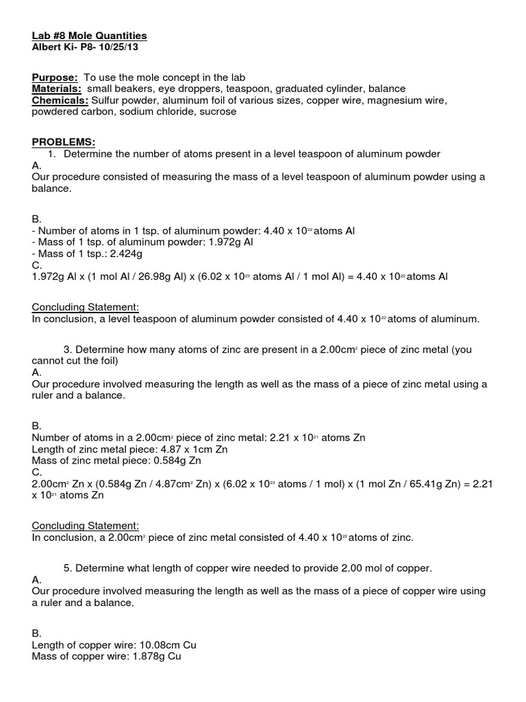 Lab #8: Mole Calculations and Experiments | PDF