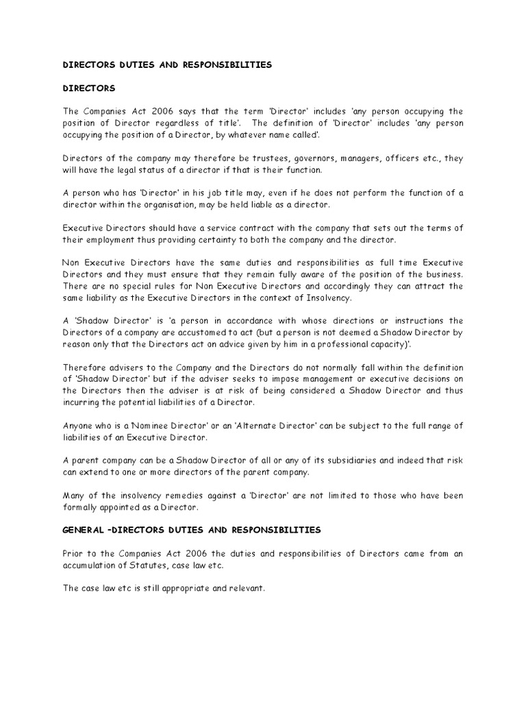 Directors Duties and Responsibilities Directors | PDF | United Kingdom ...