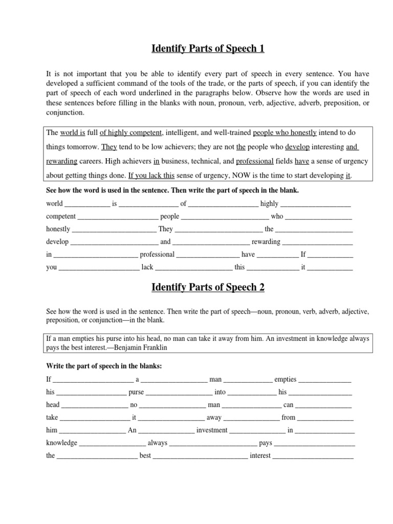 Identify Parts of Speech | PDF | Part Of Speech | Language Mechanics