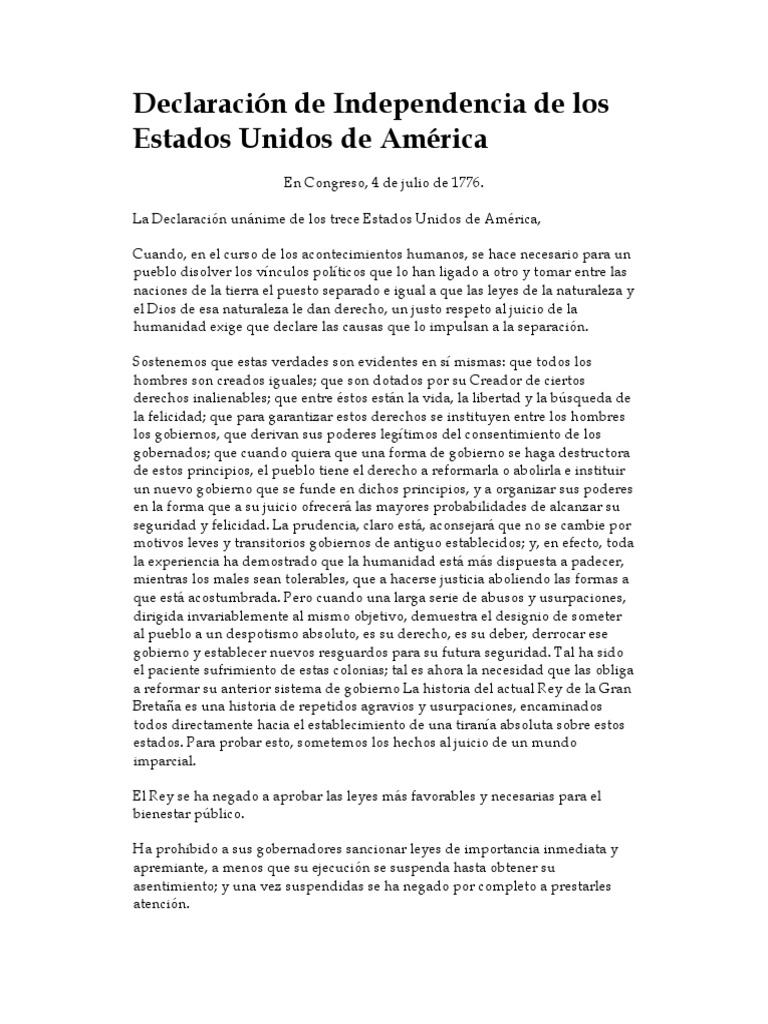 Declaracion Independencia Estados Unidos 1776 + Carta Derechos 1791 | PDF | Declaración de ...
