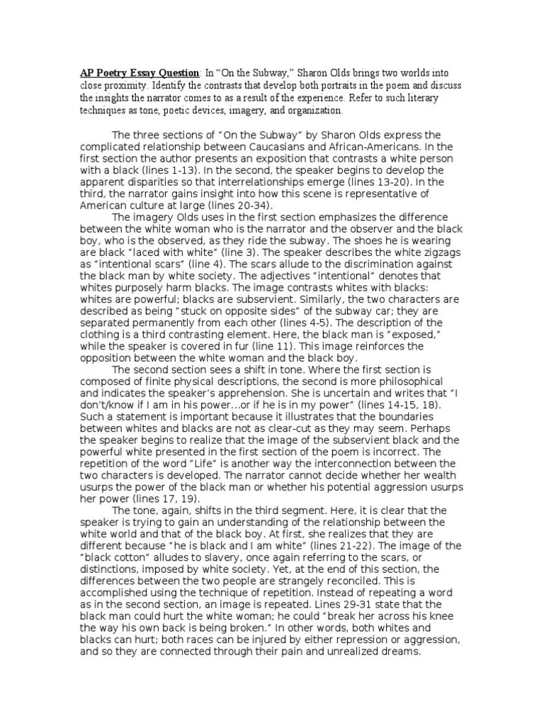 Analyzing Contrast in Olds' "On the Subway" | PDF | Poetry | Narration