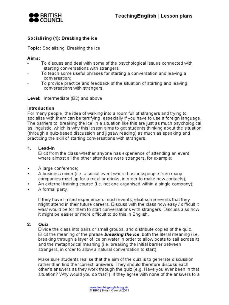 Socialising 1 - Breaking The Ice - Lesson Plan | PDF