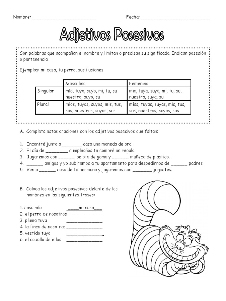 Ejercicios de Adjetivos Posesivos para Niños | PDF | Artes del Lenguaje ...