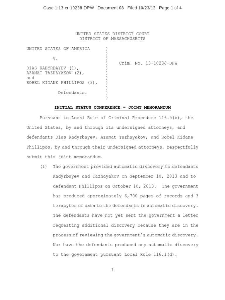 Document 68: INITIAL STATUS CONFERENCE - JOINT MEMORANDUM | PDF ...