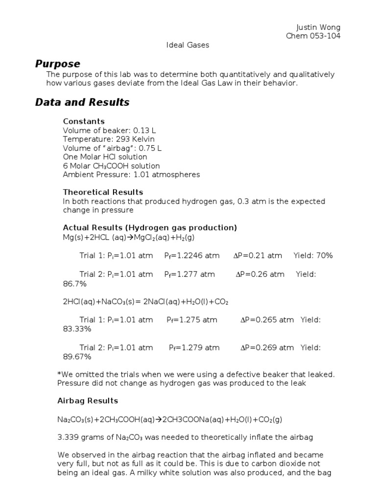 Chemistry Lab: Ideal Gas Deviations | PDF | Gases | Mole (Unit)