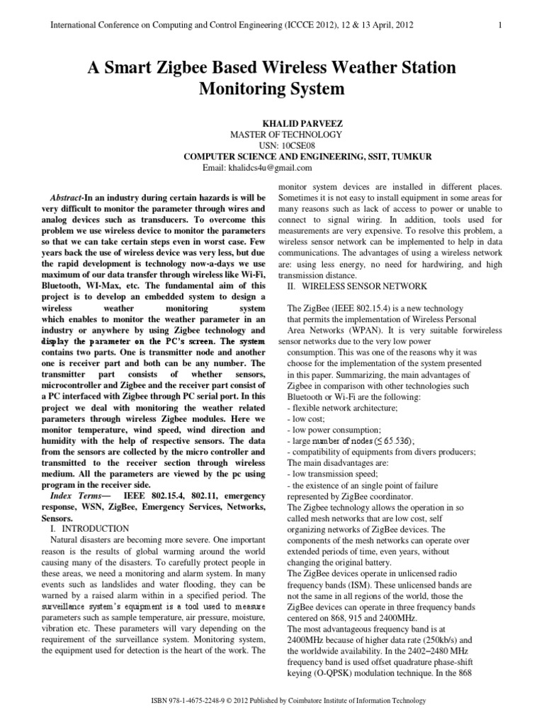 A Smart Zigbee Based Wireless Weather Station Monitoring System | PDF